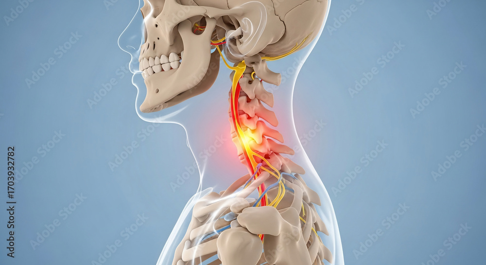 Human neck anatomy with cervical spine pain and nerve illustration ...
