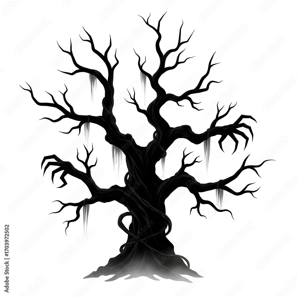 Ilustrace Spooky Silhouette of a Bare, Twisted Tree with Claw-like ...