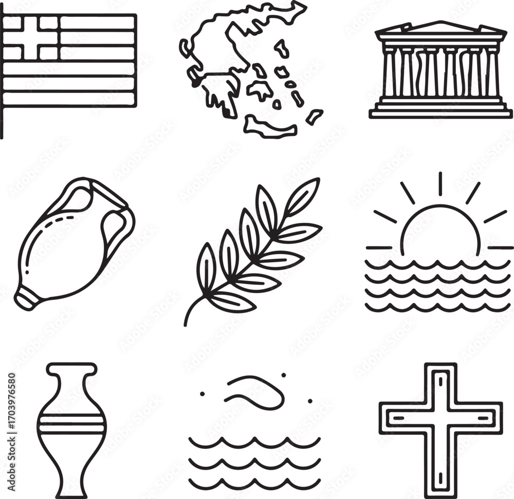 Greece Landmarks and Identity Vector Icons Collection Flag, Map ...