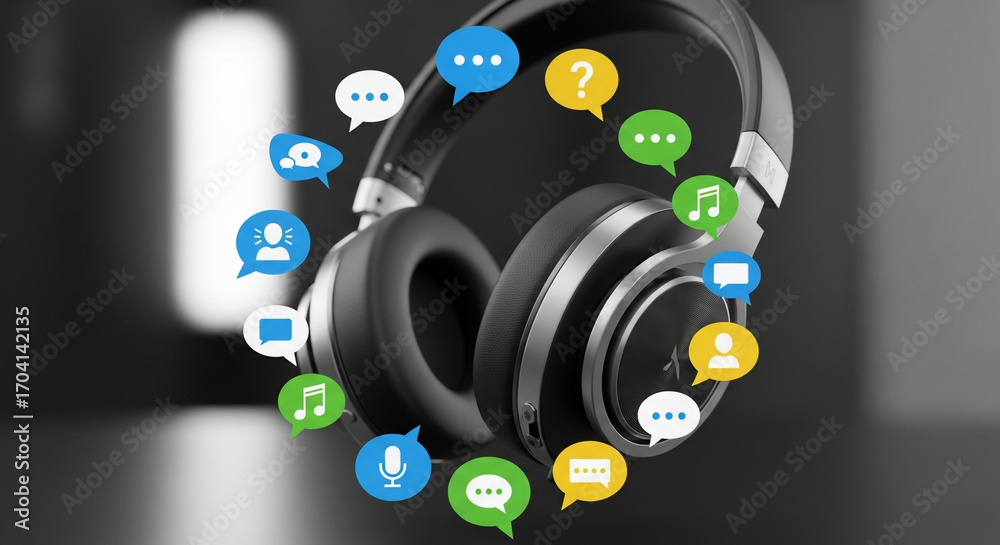 Immersive headphones connect to vibrant communication icons for modern ...