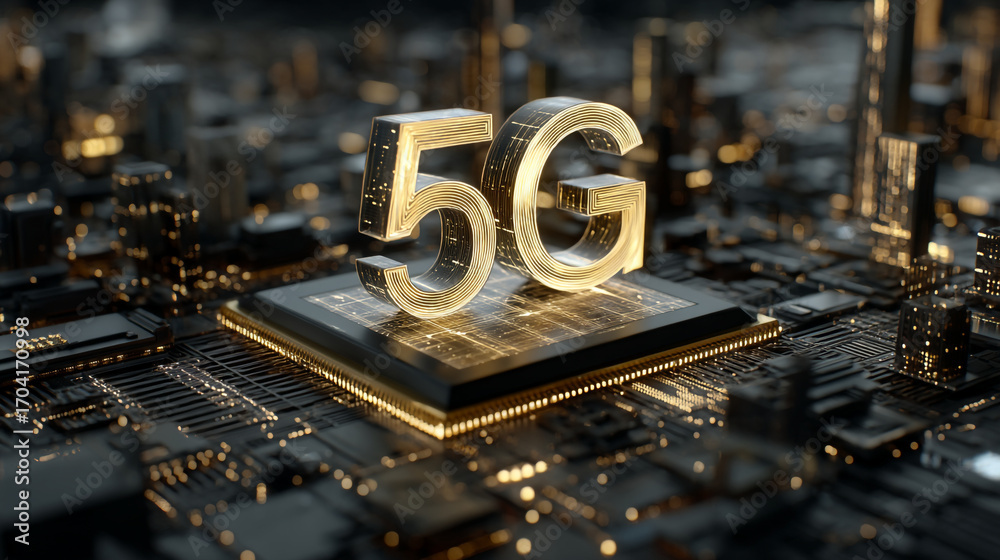 Golden five g symbol on a microchip with city background representing ...