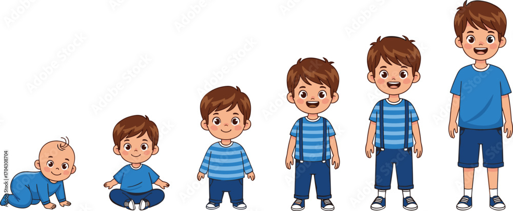Cartoon boy growth stages, infancy to teen, child development timeline ...