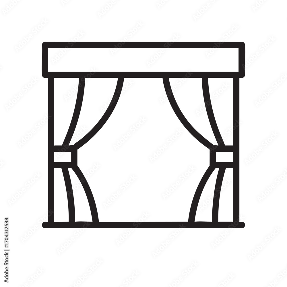 Simple outline drawing of stage curtains opening to reveal an empty ...