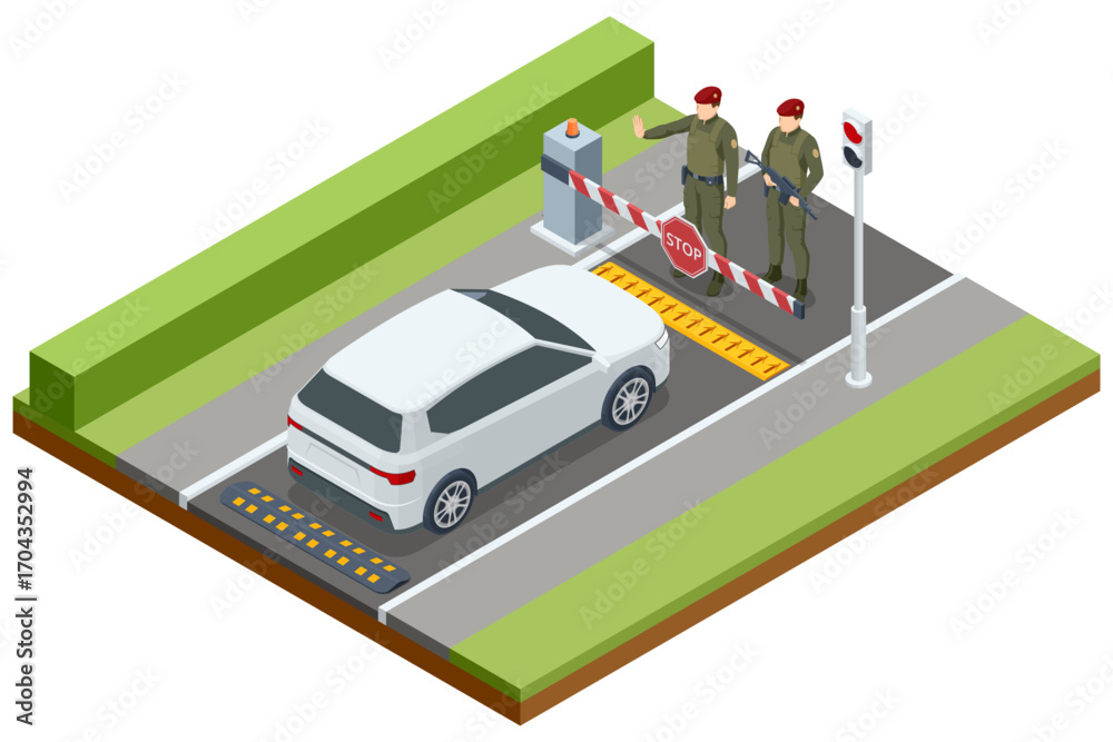 Vector de Stock Isometric checkpoint with soldiers, armed guards ...