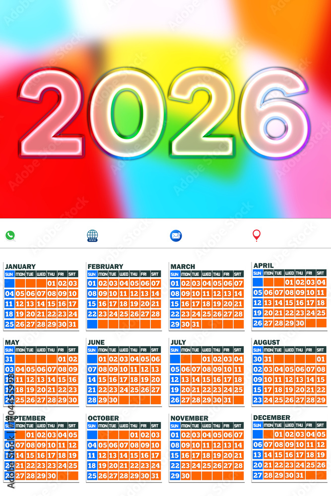 Stock-Illustration „2026 printable 12 month calendar 2026 full month ...