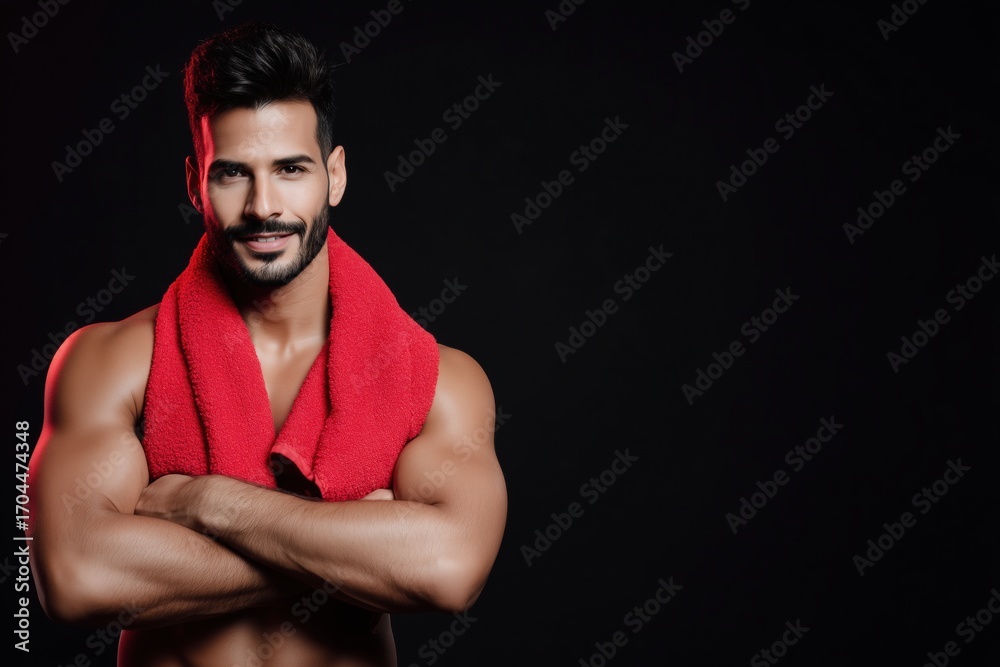Muscular male athlete with arms crossed, red towel draped over ...