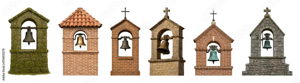 Bell tower set including stone, brick, and mossy constructions with ...
