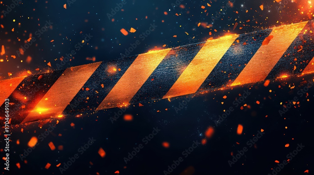 Hazard stripes with sparks and embers floating around on a dark ...