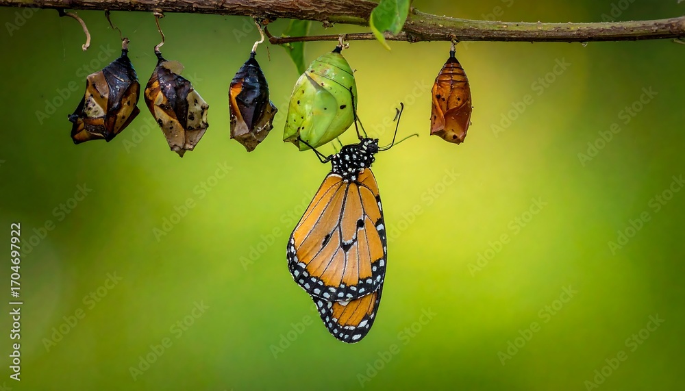 Monarch butterfly emerging from its chrysalis on a branch, surrounded ...