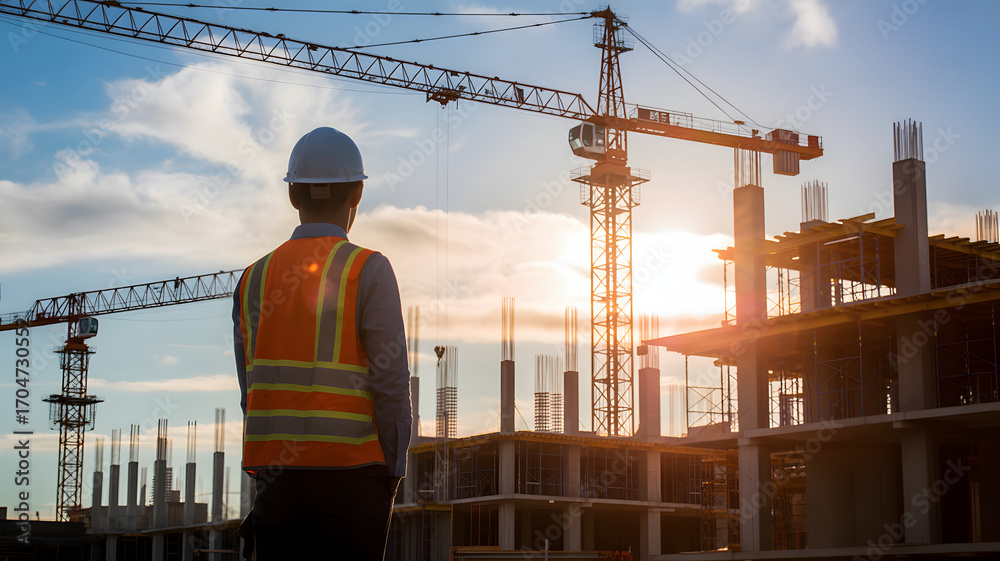 Visionary engineer overseeing dynamic skyscraper construction against a ...