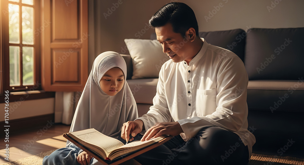 Caring Muslim father guiding his young daughter in a hijab as they ...