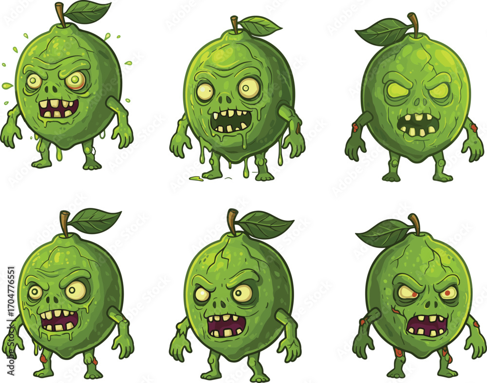 Set of Cartoon Zombie Lime Characters with Creepy Expressions – Funny ...