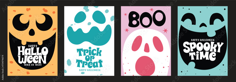Happy Halloween greeting card poster clipart set. Halloween, trick or ...