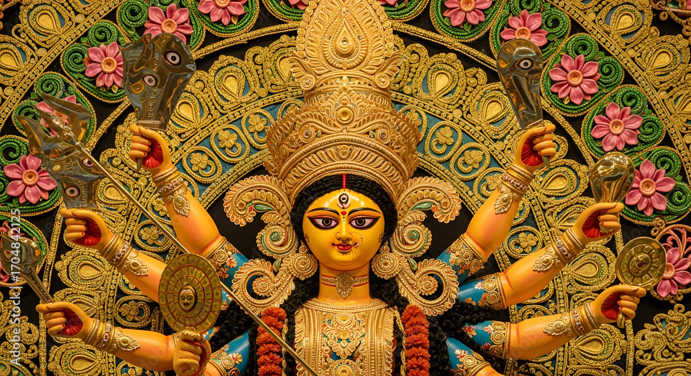 Goddess Durga idol at Durga Puja pandal. Durga Puja is one of the ...