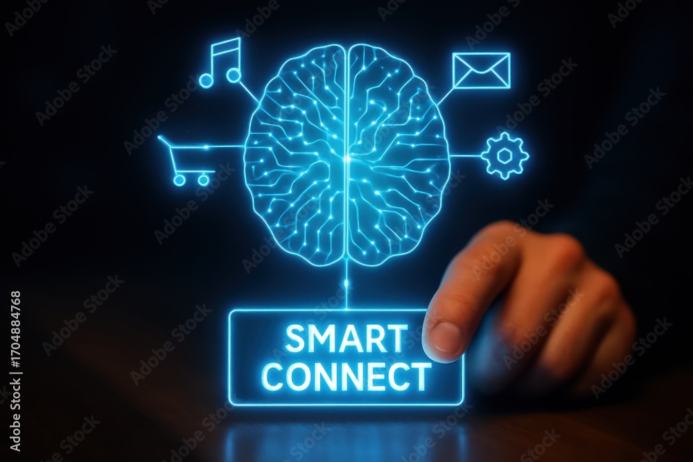AI automatic task system. A hand points at a glowing brain icon with ...