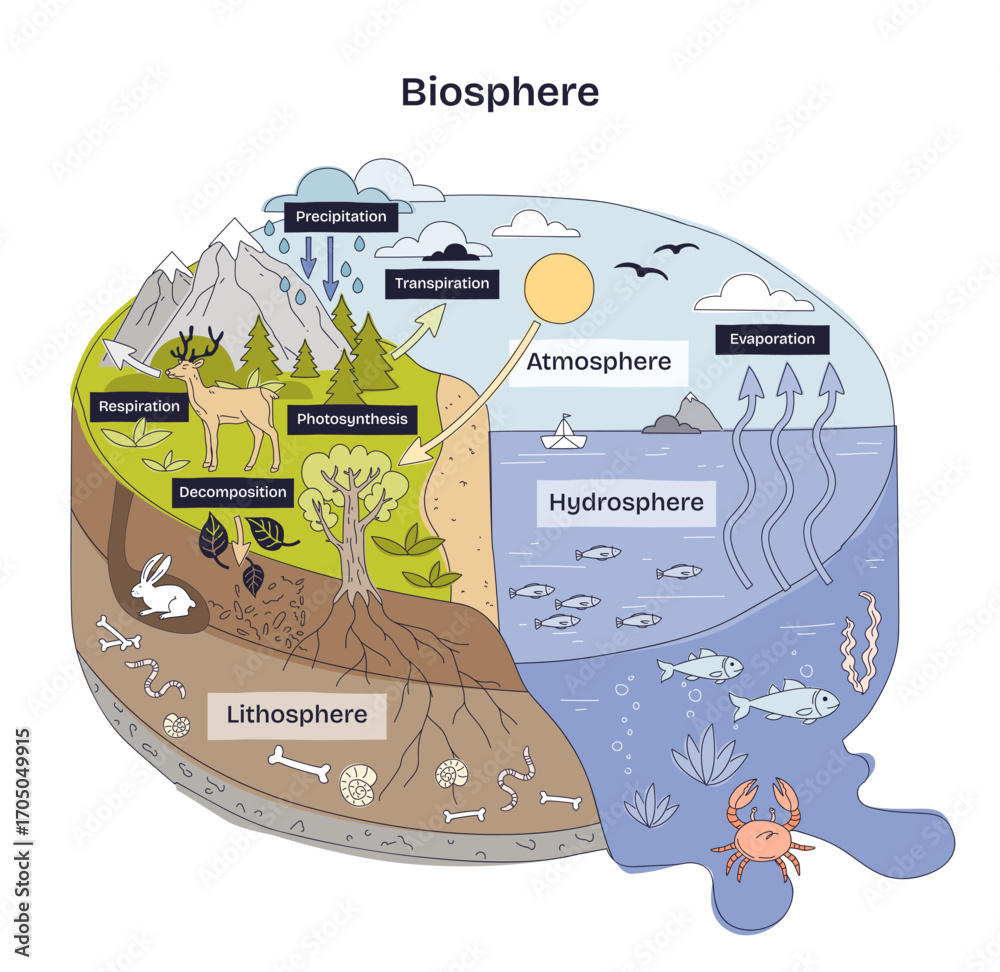 Biosphere diagram shows interactions between atmosphere, hydrosphere ...