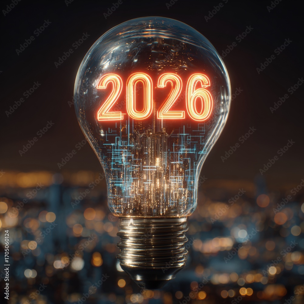 Futuristic glow: envisioning innovation in the year 2026. Artificial intelligence. Bright red ...