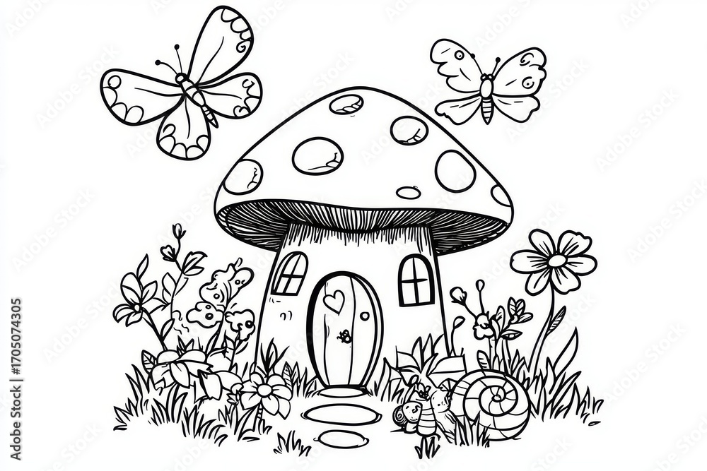 Cute fairy mushroom house coloring page for kids with butterflies ...