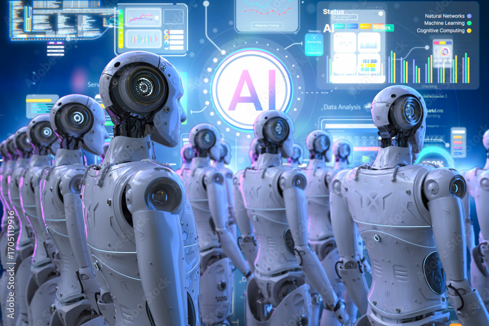 Ai technology with group of humanoid robots with graphic interface ...