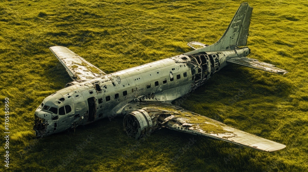 Old abandoned airplane wreck lying on green grass field with rust and ...