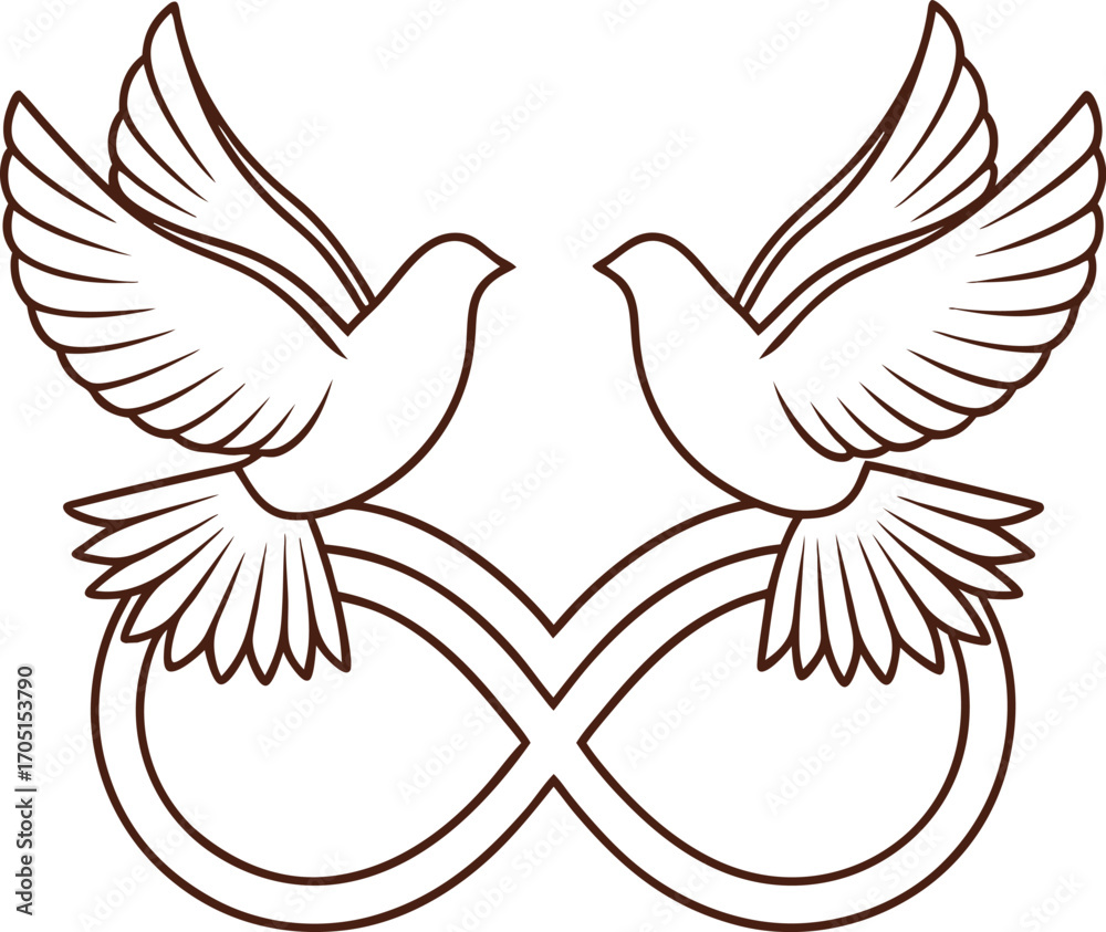 Elegant infinity symbol with two majestic doves flying together ...