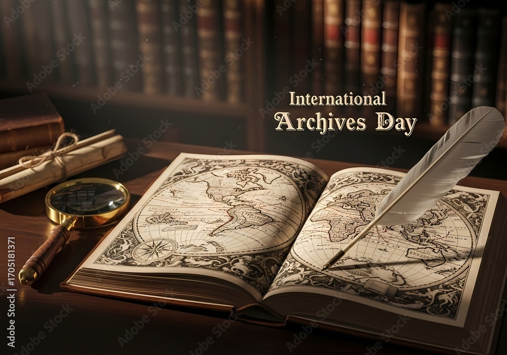 International archives day celebration with vintage maps and quill for ...