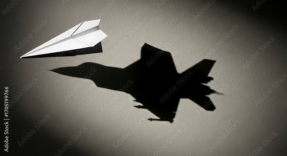 Aspirational ambitions shown by paper airplane casting jet fighter ...