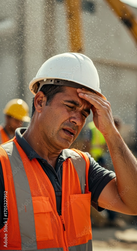 Construction worker experiencing heat stress on job site in hot weather ...