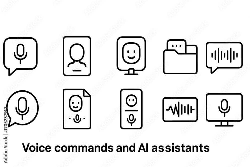 Voice commands and ai assistants icon set. communication, technology ...