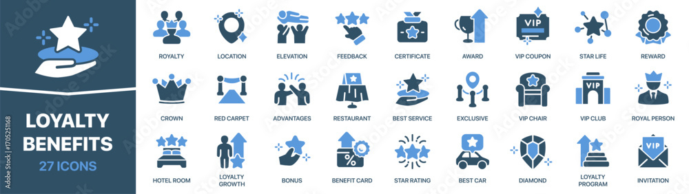 Loyalty and benefits fill icon collection. Set of icons showing VIP ...