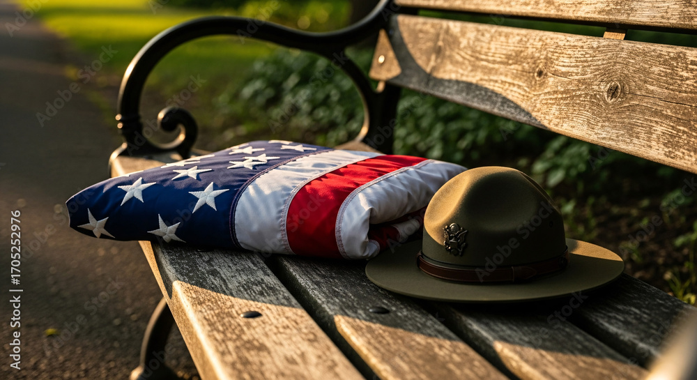 American flag and military hat rest on a weathered wooden bench in a ...
