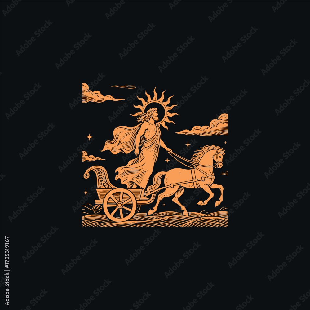 engraving of Helios, the Greek god of the sun, driving his celestial ...