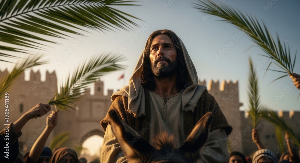 Foto de Stock Jesus Christ riding a donkey during Palm Sunday ...