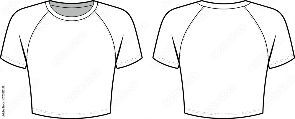 Cropped raglan sleeve t-shirt flat sketch, women’s technical CAD ...