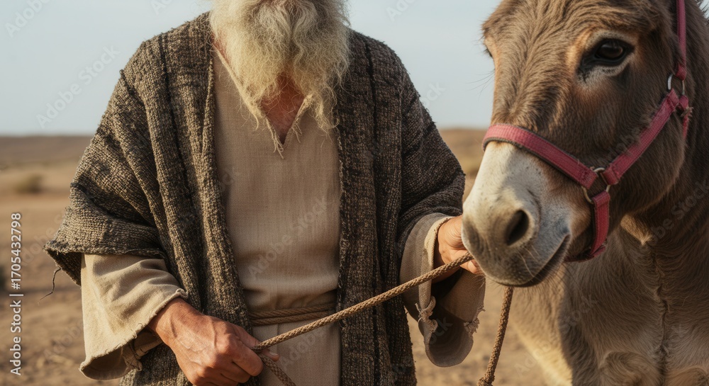 Man leading a donkey in a desert landscape. Biblical journey of Joseph ...