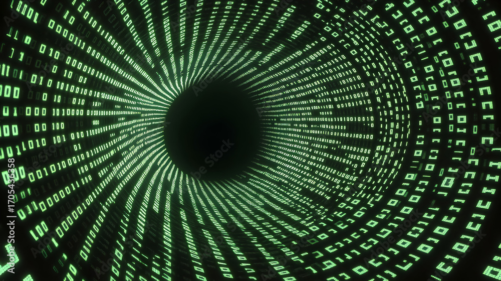 Abstract background of glowing green binary code with endless falling ...