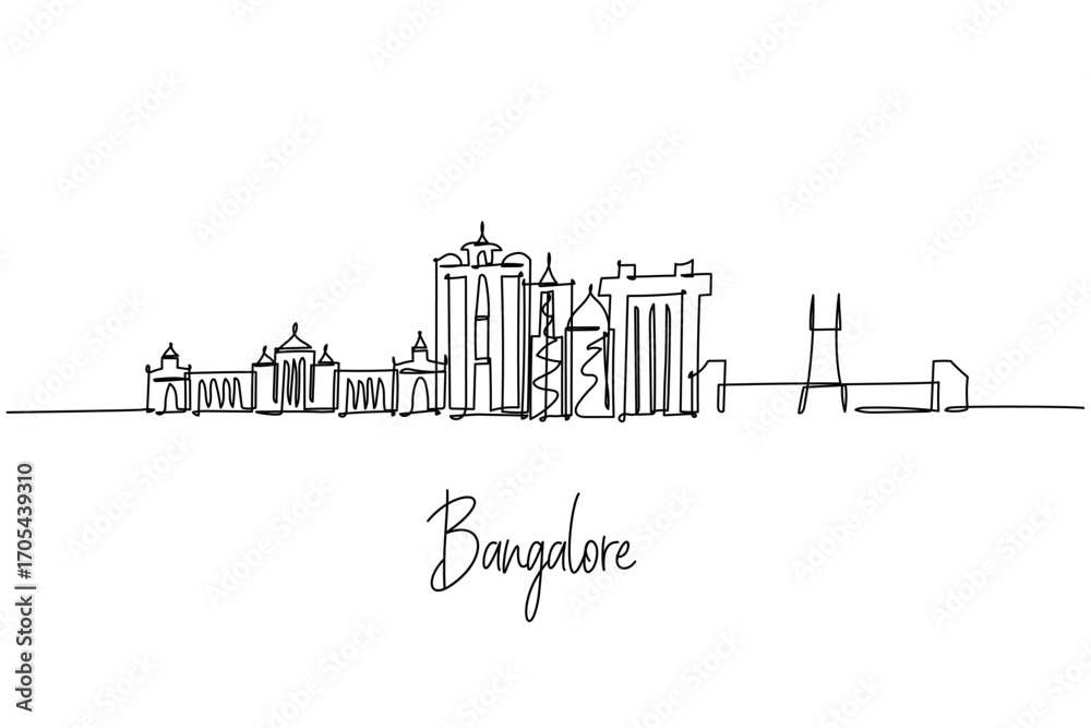 Bangalore city skyline rendered as a single line drawing, a city ...