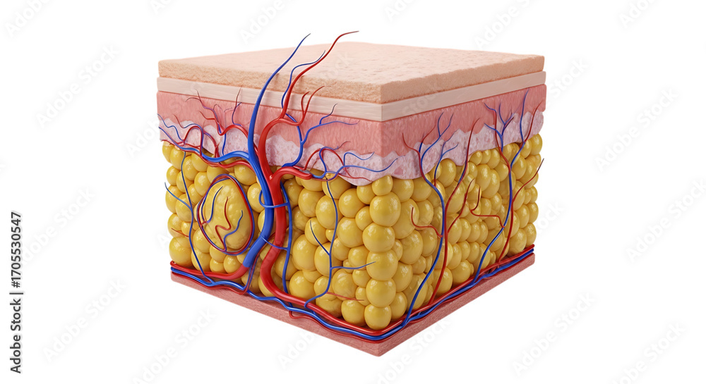 Cross section of human skin layers with adipose tissue and blood ...