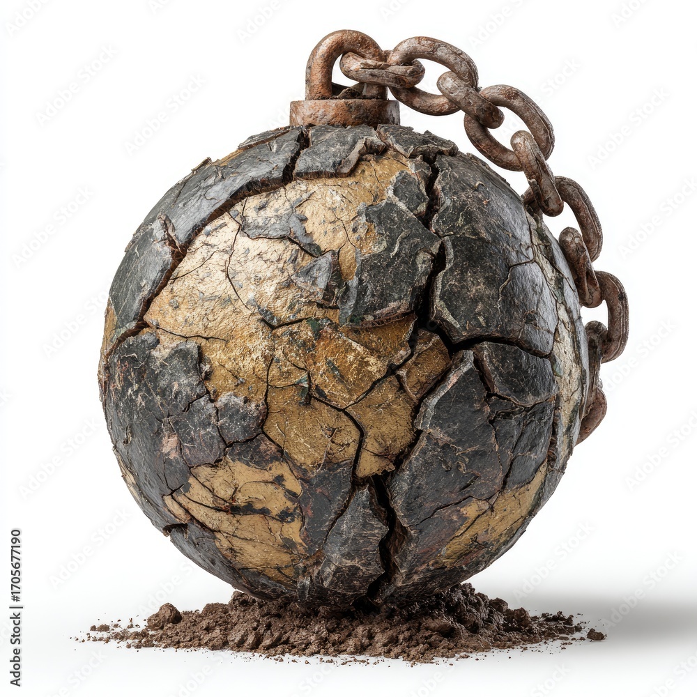 Cracked, aged sphere, chained, earth-like, buried in dirt Stock Photo ...