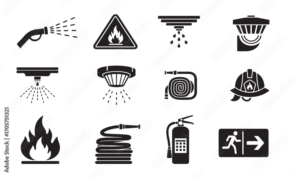 Fire safety and firefighting equipment icon set. Vector glyph ...