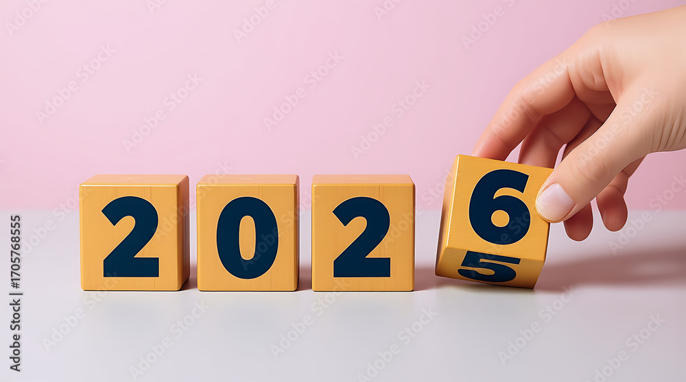 Photo Stock Minimalist Wooden Blocks Transition from 2025 to 2026, welcoming 2026 with a ...