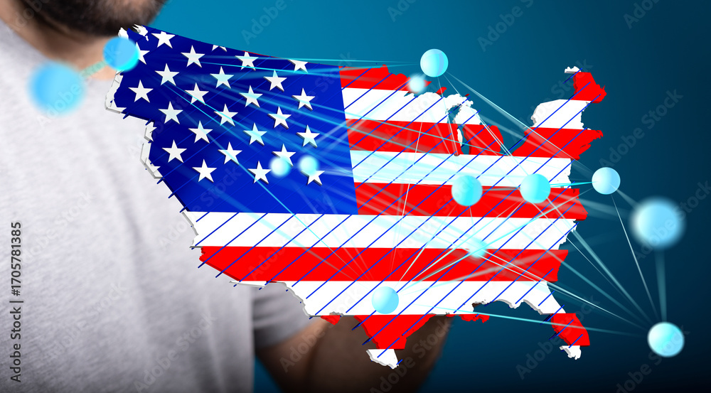 Digital network map overlaid on a US map,concept of American ...