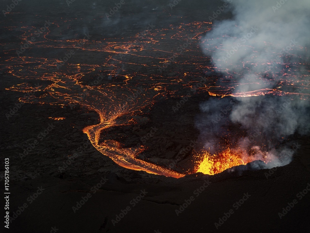 Lava, volcanic eruption, volcano, ash cloud, aerial view, Sundhnúkur ...