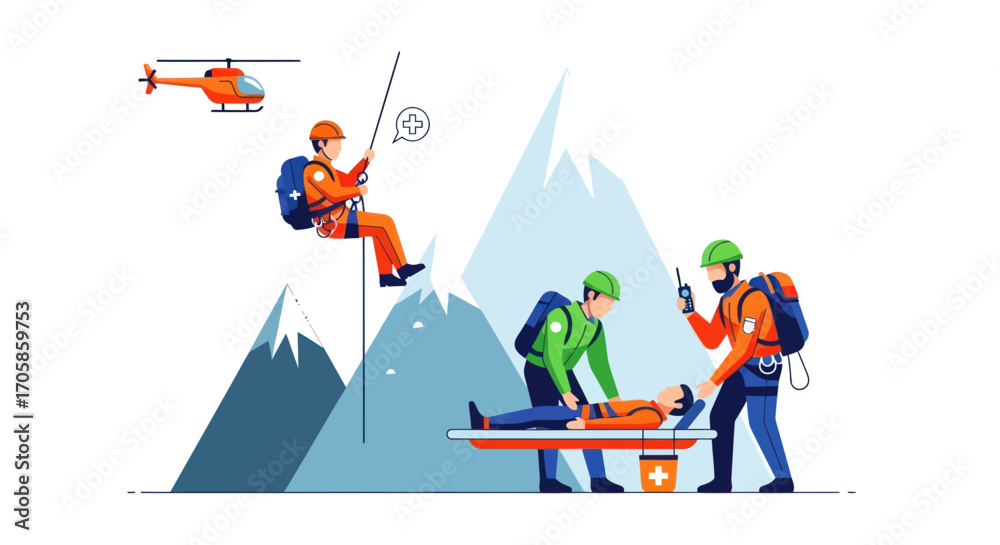 Mountain rescue team providing emergency medical assistance to injured ...
