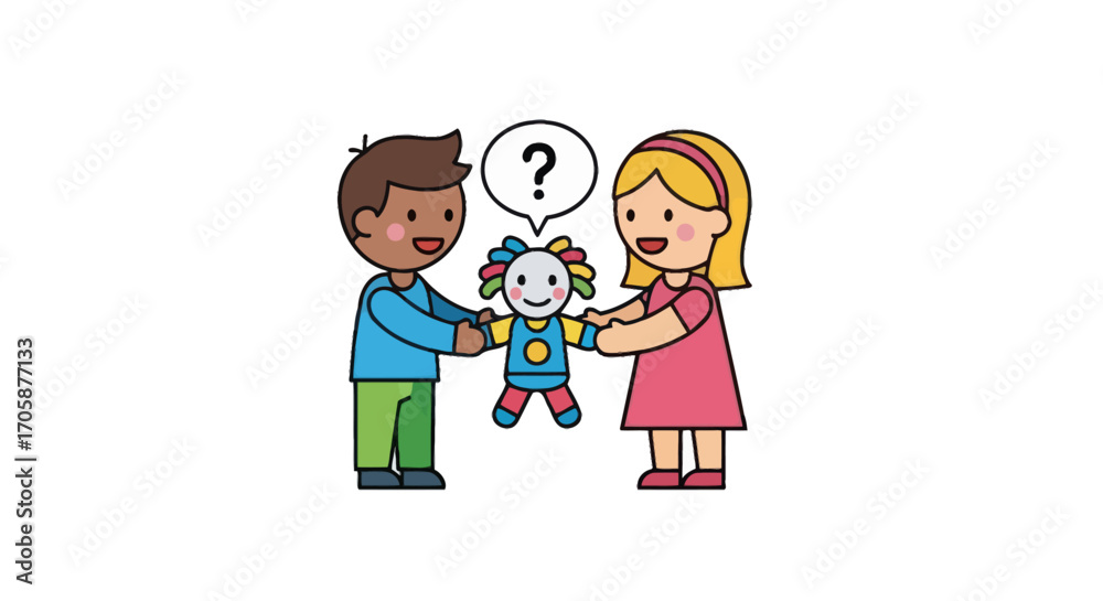 Cartoon Boy and Girl with Doll and Question Mark. Stock Vector | Adobe ...