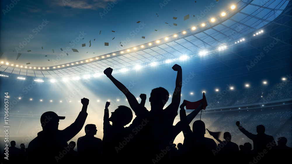 Silhouettes of cheering crowd with arms raised in a glowing stadium at ...