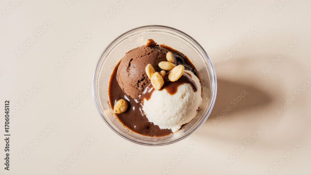 Chocolate fudge sundae in a clear plastic cup with vanilla soft serve ...