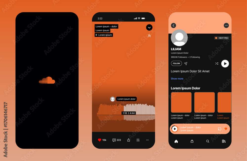 SoundCloud Dark Mode Mobile App Mockup – Music Player, User Profile and ...
