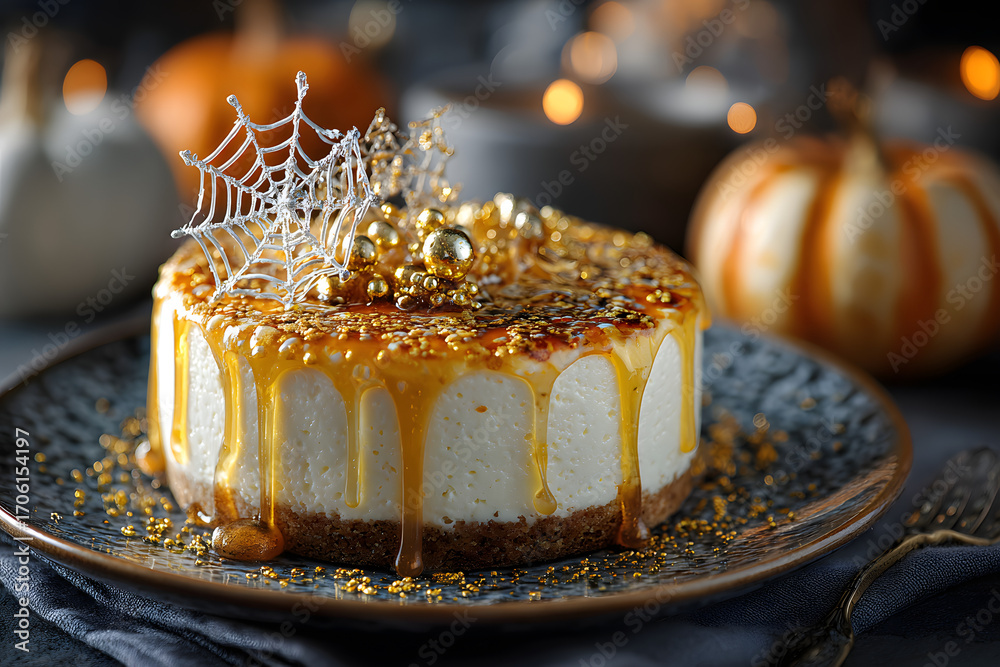 Halloween white chocolate mousse cake, Cheese tart decorated with sugar ...