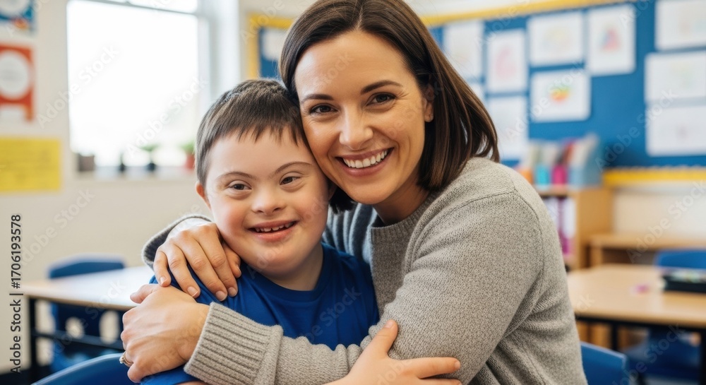 Heartwarming moment: teacher and child with down syndrome embrace in ...